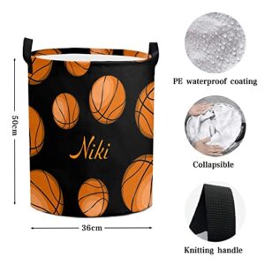 Basketballs Pattern Round Storage Basket Personalized Name Laundry Basket Waterproof Nursery Hamper with Handle for Living Room Bedroom and Clothes