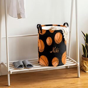 Basketballs Pattern Round Storage Basket Personalized Name Laundry Basket Waterproof Nursery Hamper with Handle for Living Room Bedroom and Clothes