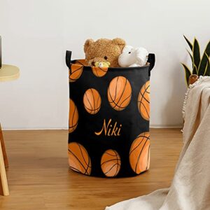 Basketballs Pattern Round Storage Basket Personalized Name Laundry Basket Waterproof Nursery Hamper with Handle for Living Room Bedroom and Clothes