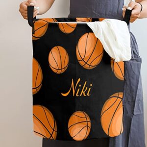 Basketballs Pattern Round Storage Basket Personalized Name Laundry Basket Waterproof Nursery Hamper with Handle for Living Room Bedroom and Clothes