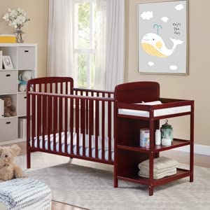 HomVent 3-in-1 Convertible Crib and Changer Combo, Baby Crib with Changing Table (Cherry)