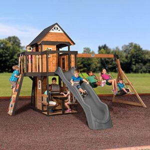 backyard discovery canyon creek all cedar wood swing set w/grey wave slide, playhouse w/grill, plastic food, picnic area, steering wheel, two belt swings, rock climbing wall, balcony, deck, web swing