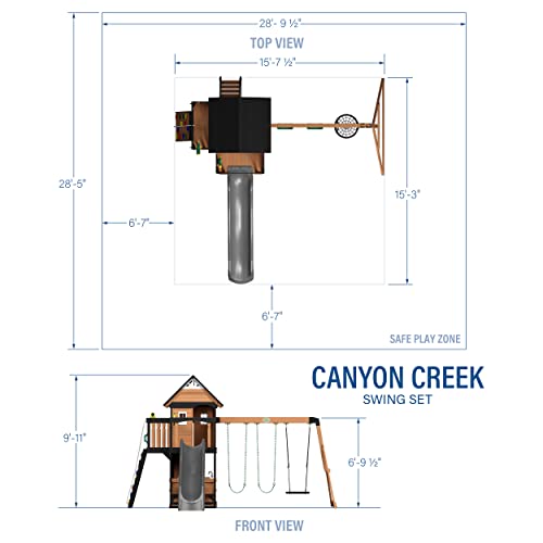 Backyard Discovery Canyon Creek All Cedar Wood Swing Set w/Grey Wave Slide, Playhouse w/Grill, Plastic Food, Picnic Area, Steering Wheel, Two Belt Swings, Rock Climbing Wall, Balcony, Deck, Web Swing