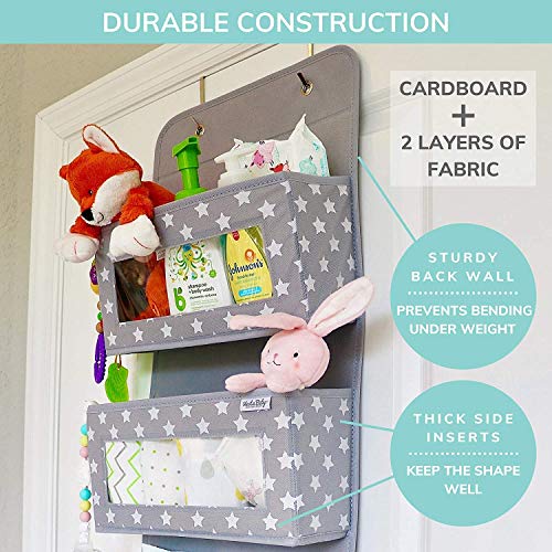 Vesta Baby Over the Door Hanging Organizer - Unisex Space-Saving 4-Pocket Storage Solution for Closet, Children's Room, Nursery - Clear-Window Caddy - 2 Utility Pockets for Small Items and Accessories