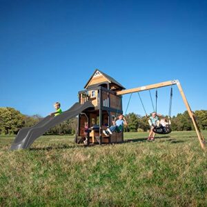 Backyard Discovery Canyon Creek All Cedar Wood Swing Set w/Grey Wave Slide, Playhouse w/Grill, Plastic Food, Picnic Area, Steering Wheel, Two Belt Swings, Rock Climbing Wall, Balcony, Deck, Web Swing