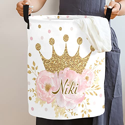 Blush Floral Gold Laundry Hamper Personalized with Name Canvas Waterproof Storage Bin with Handle for Kids Nursery Hamper Gift Baskets Home Organizer