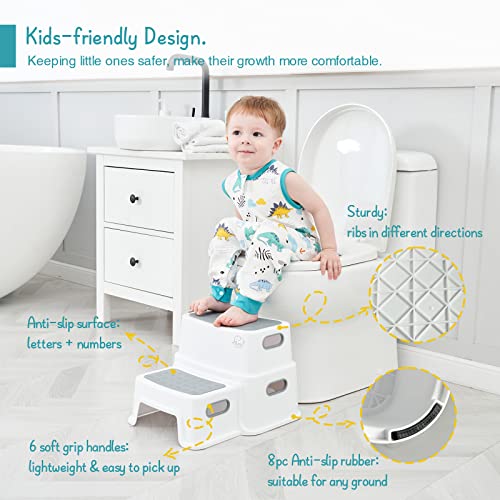 Toddler Step Stool for Bathroom Sink, 2 Step Stool for Kids Toilet Potty Training, Non-Slip Toddlers Baby Child Kid Plastic Poop Stools with Handle to Reach Kitchen Counter Bed (White-Grey)