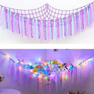 fyaner stuffed animal net stuffed animal storage hammock with led lights colorful tassels hammock hanging stuffed toy storage organizer holder for nursery play room kids bedroom