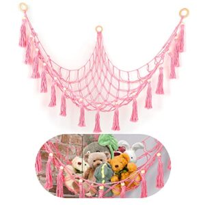 tinabless stuffed animal net or hammock, hanging corner pet net for stuffed animals toy storage, stuffed animal hammock holder with hooks for bedroom nursery crib kindergarten wall decor(pink)