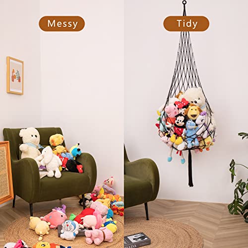 Novel Stuffed Animal Net or Hammock Macrame Plush Toy Display- One Hook Only! Convenient for Corners, Walls and Ceiling Hanging Net, Stuff Animal Storage for Kid Room Bedroom Playroom-Black