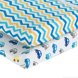 everyday kids 2 pack baby changing pad covers for baby boy – fits most changing table pads; 100% cotton jersey knit, breathable, soft changing table topper – yellow and blue cars + chevron pattern