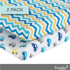 EVERYDAY KIDS 2 Pack Baby Changing Pad Covers for Baby Boy – Fits Most Changing Table Pads; 100% Cotton Jersey Knit, Breathable, Soft Changing Table Topper – Yellow and Blue Cars + Chevron Pattern