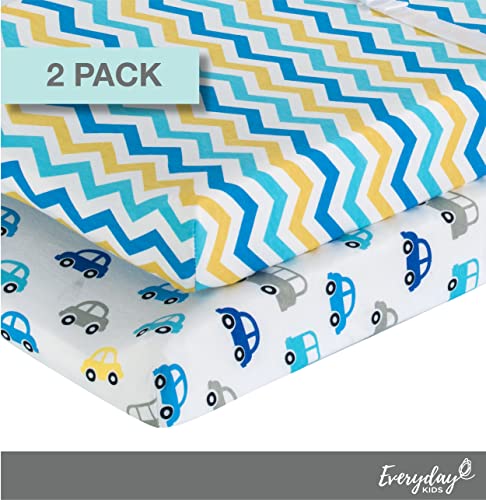 EVERYDAY KIDS 2 Pack Baby Changing Pad Covers for Baby Boy – Fits Most Changing Table Pads; 100% Cotton Jersey Knit, Breathable, Soft Changing Table Topper – Yellow and Blue Cars + Chevron Pattern