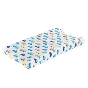 EVERYDAY KIDS 2 Pack Baby Changing Pad Covers for Baby Boy – Fits Most Changing Table Pads; 100% Cotton Jersey Knit, Breathable, Soft Changing Table Topper – Yellow and Blue Cars + Chevron Pattern