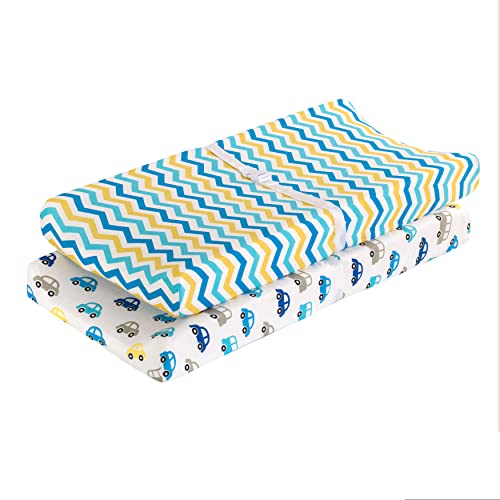 EVERYDAY KIDS 2 Pack Baby Changing Pad Covers for Baby Boy – Fits Most Changing Table Pads; 100% Cotton Jersey Knit, Breathable, Soft Changing Table Topper – Yellow and Blue Cars + Chevron Pattern