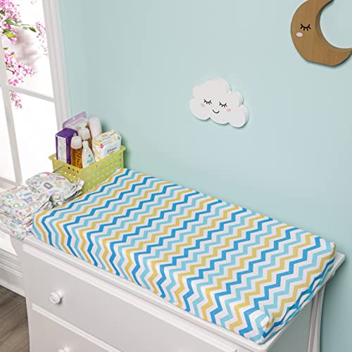 EVERYDAY KIDS 2 Pack Baby Changing Pad Covers for Baby Boy – Fits Most Changing Table Pads; 100% Cotton Jersey Knit, Breathable, Soft Changing Table Topper – Yellow and Blue Cars + Chevron Pattern