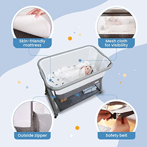 Li’l Pengyu Baby Bassinets Bedside Sleeper for Baby, Foldable Portable Crib for Newborn Babies with Storage Basket, Cotton Mattress,Travel Bag, Small Rocking Cradle, Breathable All Mesh