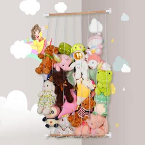 jtskfcl stuffed animal storage hammock hanging toy organizer with canvas base, wood country style large corner plush toys holder for nursery play room bedroom kid’s room white