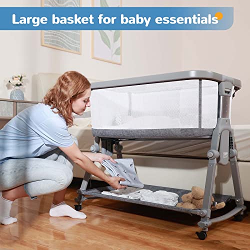 Li’l Pengyu Baby Bassinets Bedside Sleeper for Baby, Foldable Portable Crib for Newborn Babies with Storage Basket, Cotton Mattress,Travel Bag, Small Rocking Cradle, Breathable All Mesh