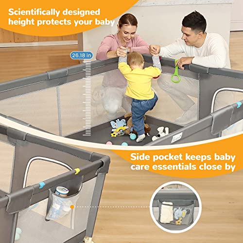 Baby Playpen for Babies and Toddlers, 71 x 59 inch Baby Play Yards, Kids Play Pen for Indoor & Outdoor, Extra Large Baby Playpen, Portable Toddler Play Yard with Carrying Bag, Anti-Slip Base (Gray)