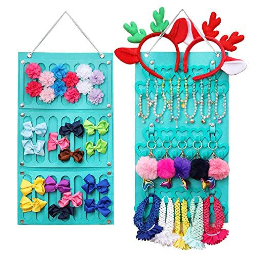 Double-Sided Headbands Holder for Baby Girls丨43” x 12” Hair Bows Clips Ties Barrettes Accessories Organizer with 24 Ribbons/ 33 Velvet Hooks Hangers, Wall Hanging for Girl Room, Baby Nursery Decors