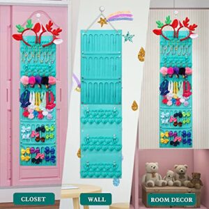 Double-Sided Headbands Holder for Baby Girls丨43” x 12” Hair Bows Clips Ties Barrettes Accessories Organizer with 24 Ribbons/ 33 Velvet Hooks Hangers, Wall Hanging for Girl Room, Baby Nursery Decors