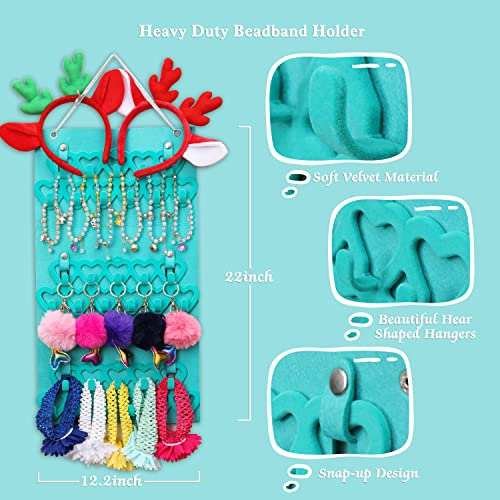 Double-Sided Headbands Holder for Baby Girls丨43” x 12” Hair Bows Clips Ties Barrettes Accessories Organizer with 24 Ribbons/ 33 Velvet Hooks Hangers, Wall Hanging for Girl Room, Baby Nursery Decors