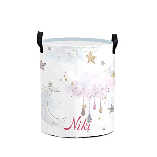 Moon Stars Round Storage Basket Personalized Name Laundry Basket Waterproof Nursery Hamper with Handle for Living Room Bedroom and Clothes