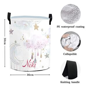 Moon Stars Round Storage Basket Personalized Name Laundry Basket Waterproof Nursery Hamper with Handle for Living Room Bedroom and Clothes