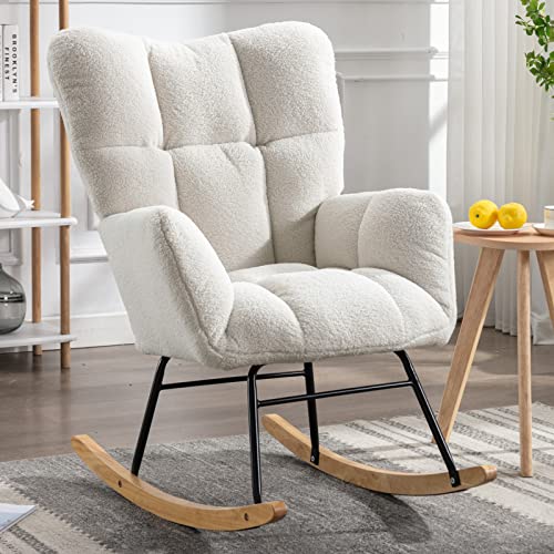 KINFFICT Teddy Velvet Rocking Accent Chair, Uplostered Glider Rocker Armchair for Nursery, Comfy Side Chair for Living Room, Bedroom (Ivory+Teddy Fabric)