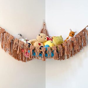 hkcduut stuffed animal hammock, macrame boho plush toy storage net, hanging hammock for stuffed animals pet, wall corner toy storage holder teddy bear net for nursery kids bedroom, caramel