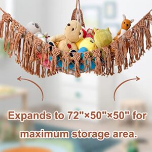 HKCDUUT Stuffed Animal Hammock, Macrame Boho Plush Toy Storage Net, Hanging Hammock for Stuffed Animals Pet, Wall Corner Toy Storage Holder Teddy Bear Net for Nursery Kids Bedroom, Caramel