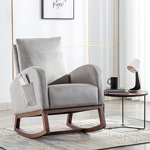 Velvet Rocking Chair Nursery Glider Rocker Chair High Backrest Upholstered Accent Armchair with Side Pocket for Living Room Bedroom Office (Grey)