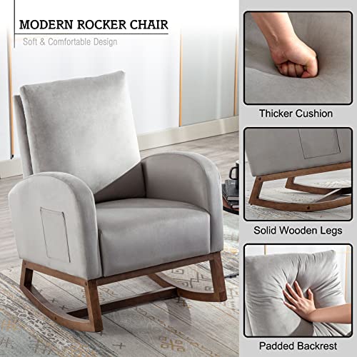 Velvet Rocking Chair Nursery Glider Rocker Chair High Backrest Upholstered Accent Armchair with Side Pocket for Living Room Bedroom Office (Grey)