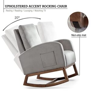 Velvet Rocking Chair Nursery Glider Rocker Chair High Backrest Upholstered Accent Armchair with Side Pocket for Living Room Bedroom Office (Grey)