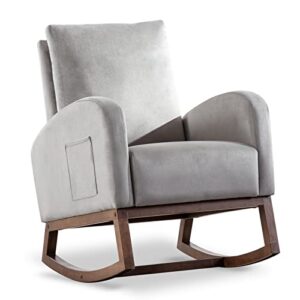 Velvet Rocking Chair Nursery Glider Rocker Chair High Backrest Upholstered Accent Armchair with Side Pocket for Living Room Bedroom Office (Grey)