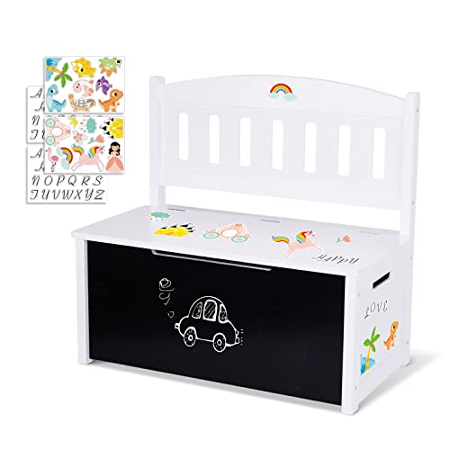 TOOKYLAND Toy Chest with Safety Hinged Lid, Wooden Toy Organizers and Storage with Blackboard, Seating Bench, Personalized Stickers