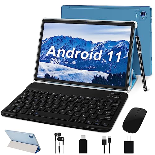 Oangcc 10.1" Android 11 Tablet, 2 in 1 Tablet 4GB RAM 64GB ROM (Up to 128G) Dual Camera Computer Tablet PC with Bluetooth Keyboard | Wireless Mouse | Stylus | Case | and More - Blue