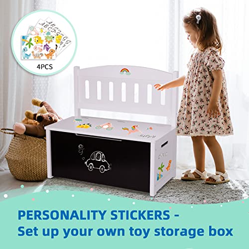 TOOKYLAND Toy Chest with Safety Hinged Lid, Wooden Toy Organizers and Storage with Blackboard, Seating Bench, Personalized Stickers