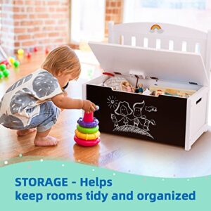 TOOKYLAND Toy Chest with Safety Hinged Lid, Wooden Toy Organizers and Storage with Blackboard, Seating Bench, Personalized Stickers