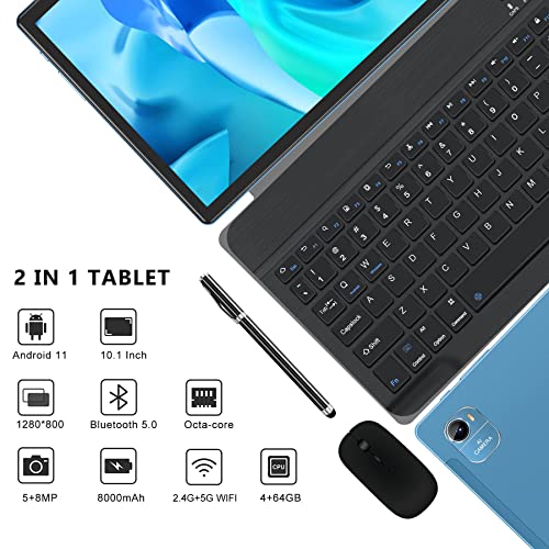 Oangcc 10.1" Android 11 Tablet, 2 in 1 Tablet 4GB RAM 64GB ROM (Up to 128G) Dual Camera Computer Tablet PC with Bluetooth Keyboard | Wireless Mouse | Stylus | Case | and More - Blue