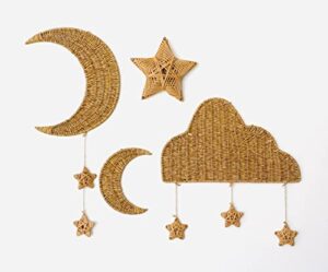 boho nursery bedroom wall decor, set of 4, handmade, bamboo rattan, boho cloud, moon, stars wall decor, nursery decor, kids bedroom, playroom