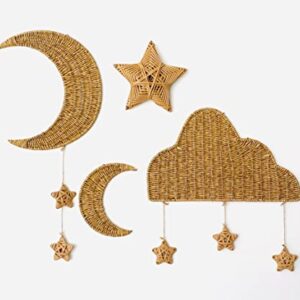 Boho nursery bedroom wall decor, Set of 4, Handmade, Bamboo Rattan, Boho Cloud, Moon, Stars Wall Decor, Nursery Decor, Kids Bedroom, Playroom