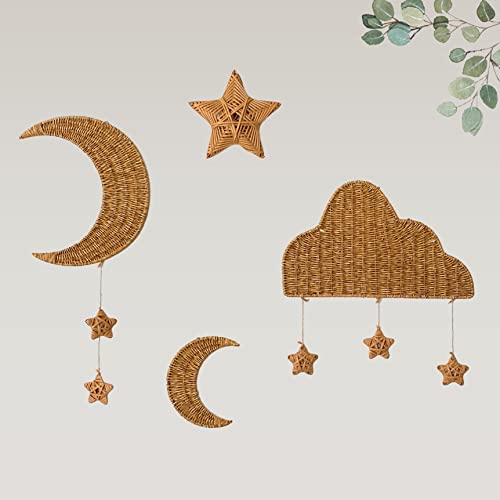 Boho nursery bedroom wall decor, Set of 4, Handmade, Bamboo Rattan, Boho Cloud, Moon, Stars Wall Decor, Nursery Decor, Kids Bedroom, Playroom