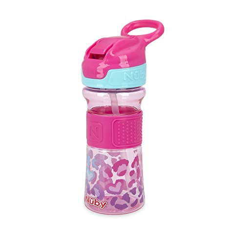 Nuby Thirsty Kids No Spill Flip-It Reflex Travel Cup with Soft Silicone Spout, 12 Oz, Pink Leopard