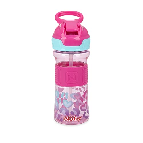 Nuby Thirsty Kids No Spill Flip-It Reflex Travel Cup with Soft Silicone Spout, 12 Oz, Pink Leopard