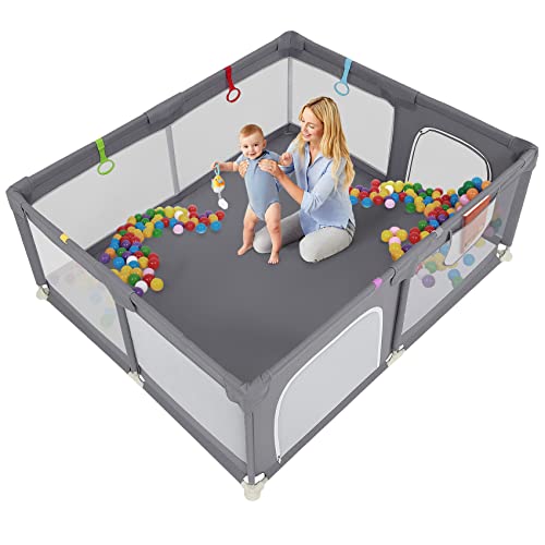 Baby Playpen 71" x 59", Yamctopy Playpens for Babies and Toddlers, Extra Large Baby Fence with Anti-Slip Base, Sturdy Safety Baby Playpen with Soft Breathable Mesh Grey