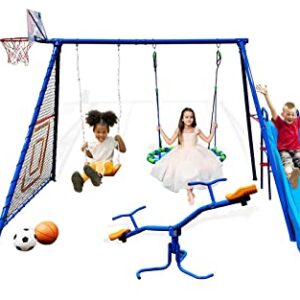 Fitness Reality Kids 6 Station Sports Metal Swing Set for Backyard with Slide Seesaw, Saucer Swing, Basketball Hoop, and Soccer Rebounder (8413)