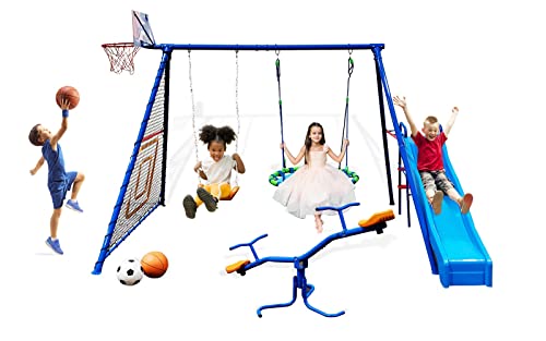 Fitness Reality Kids 6 Station Sports Metal Swing Set for Backyard with Slide Seesaw, Saucer Swing, Basketball Hoop, and Soccer Rebounder (8413)