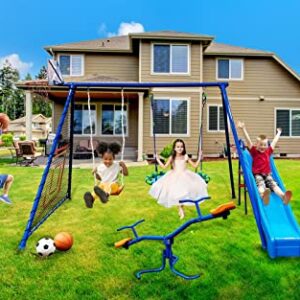 Fitness Reality Kids 6 Station Sports Metal Swing Set for Backyard with Slide Seesaw, Saucer Swing, Basketball Hoop, and Soccer Rebounder (8413)